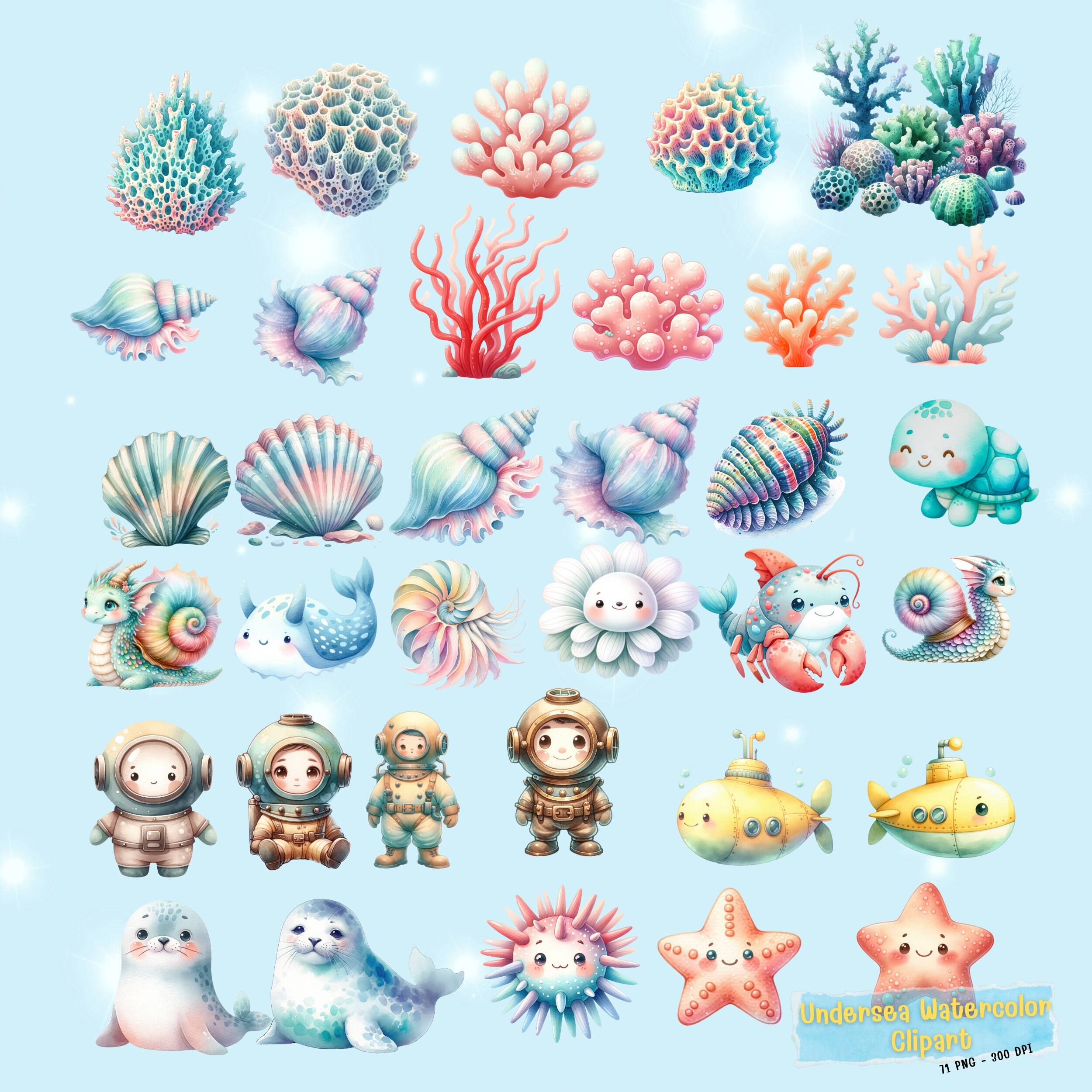 Undersea Watercolor Clipart, Nursery Decor, Cute Ocean Animals PNG ...