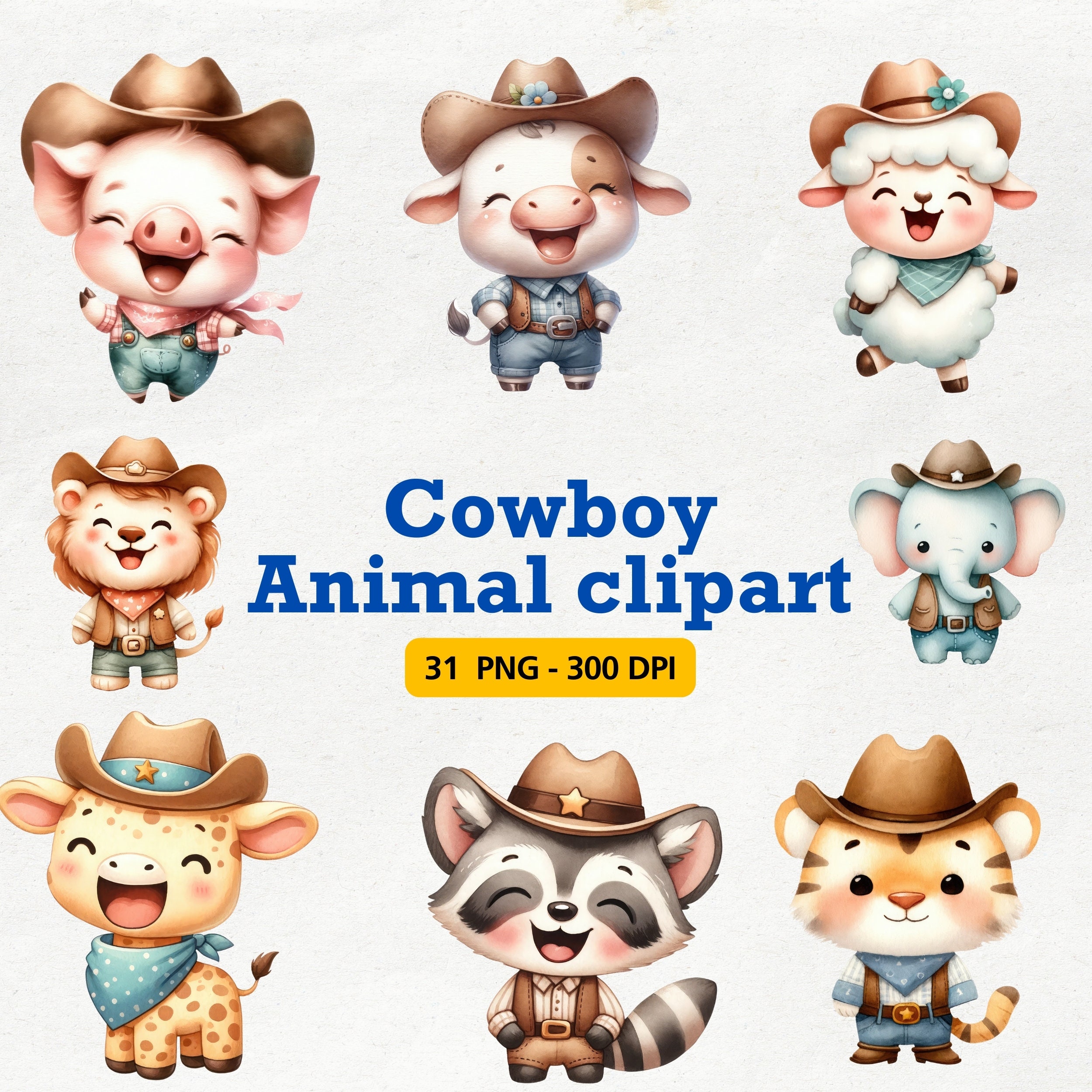 Cowboy Animal Clipart, Watercolor Western Animals Nursery Art, Woodland ...