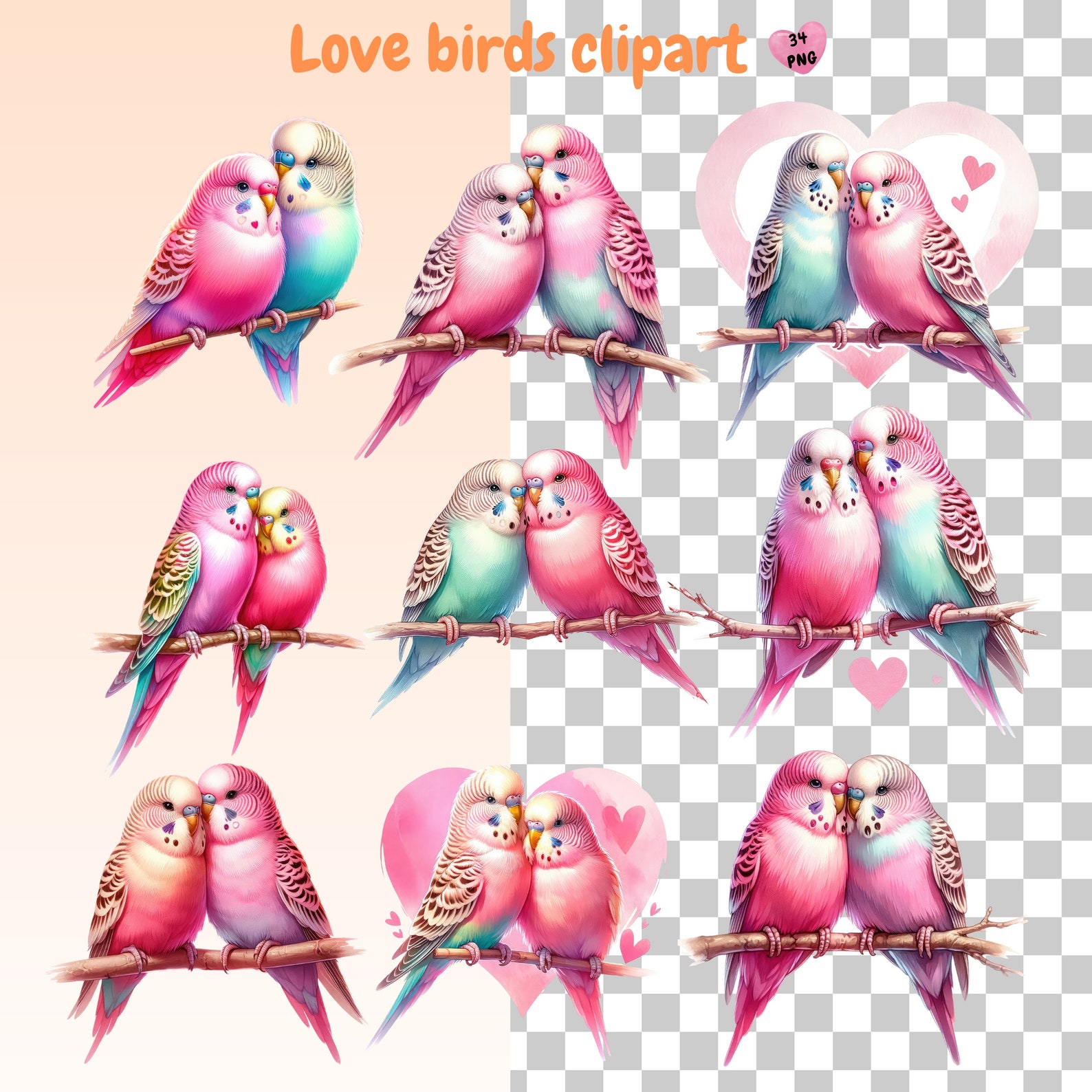 Love Birds Clipart PNG, Valentine Watercolor Clipart PNG, Couple ...