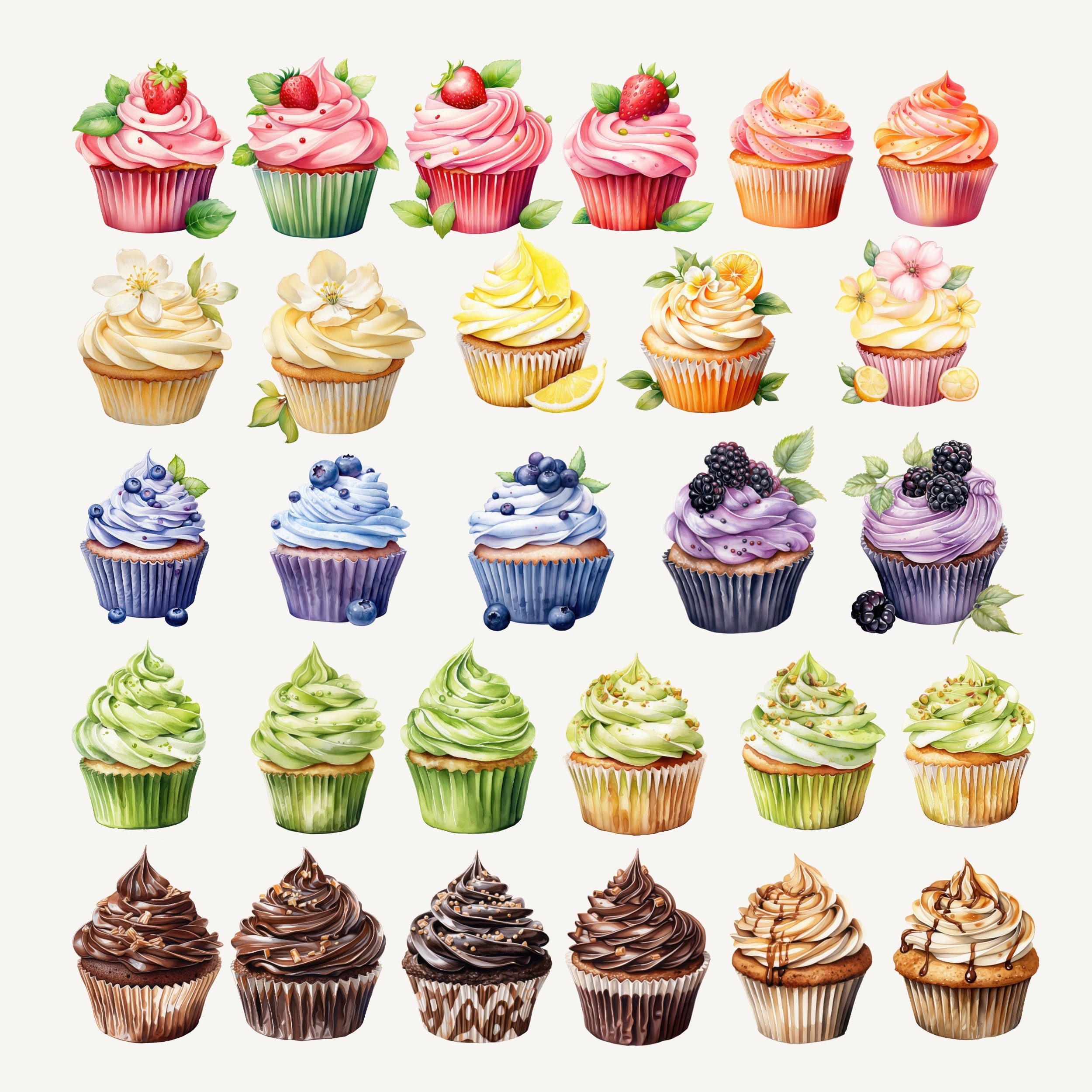 Watercolor Cupcake Clipart Bundle, Dessert Clipart, Cupcake PNG, Sweets ...
