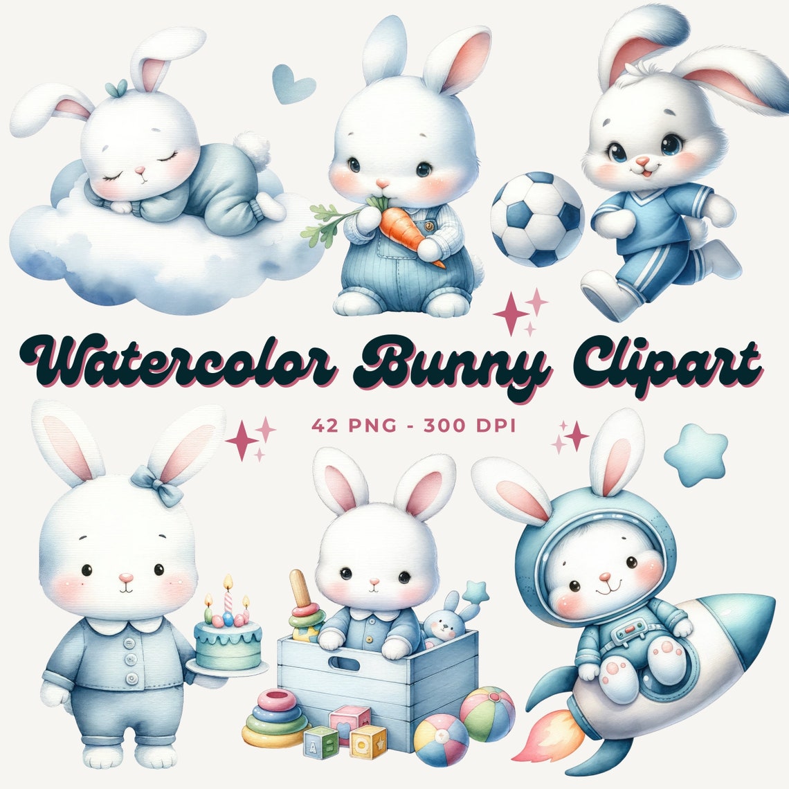 Watercolor Bunny Clipart for Boy, Watercolor Baby Shower Clipart, Baby ...
