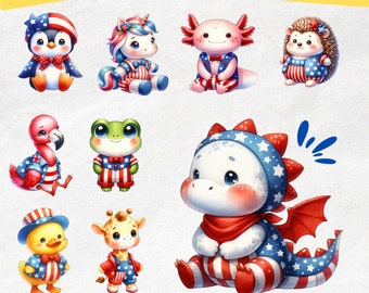 Patriotic Baby Animals Clipart Bundle: 4th of July PNG Designs (digital ...