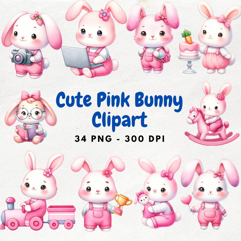 Cute Pink Bunny Clipart for Girl, Watercolor Baby Shower Clipart, Baby ...