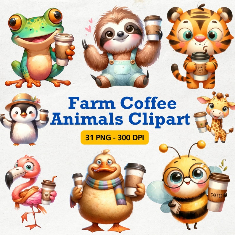 Watercolor Farm Coffee Animals Clipart, Animal Coffee Graphics PNG ...