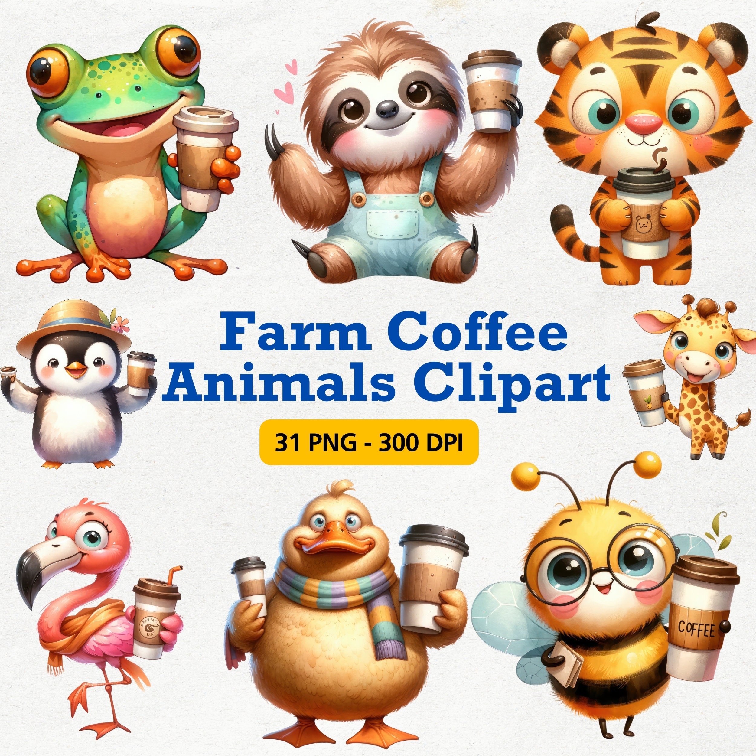 Watercolor Farm Coffee Animals Clipart, Animal Coffee Graphics PNG ...