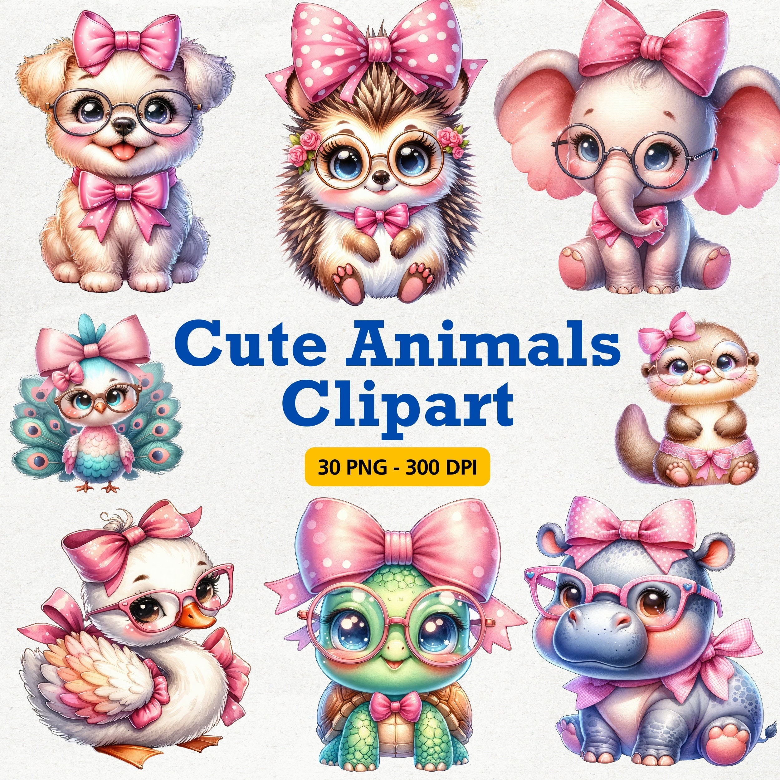 Watercolor Safari Animal Clipart: Pink Bows, Nursery Decor (PNG Files ...