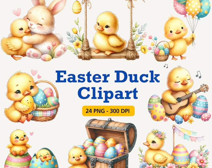 Easter Duck Watercolor Clipart – 36 PNG Cute Ducks With Easter Eggs ...