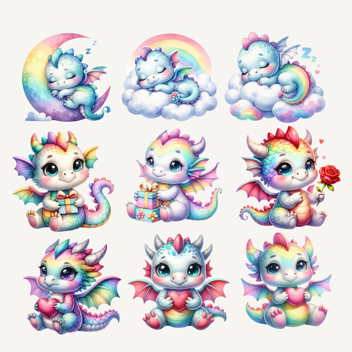 Cute Baby Dragon Clipart Bundle, Dragon Love PNG, Valentine Sublimation ...