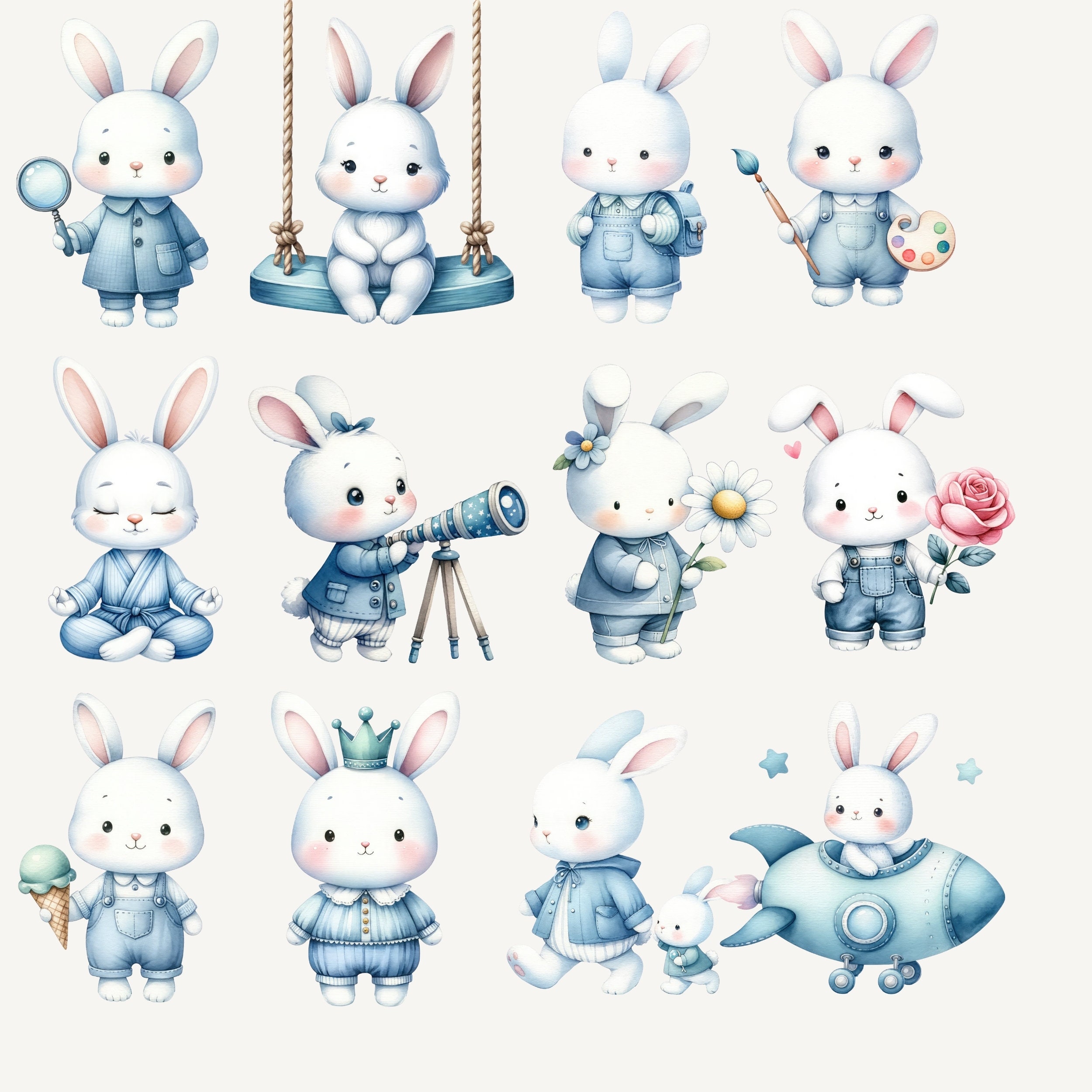 Watercolor Bunny Clipart for Boy, Watercolor Baby Shower Clipart, Baby ...