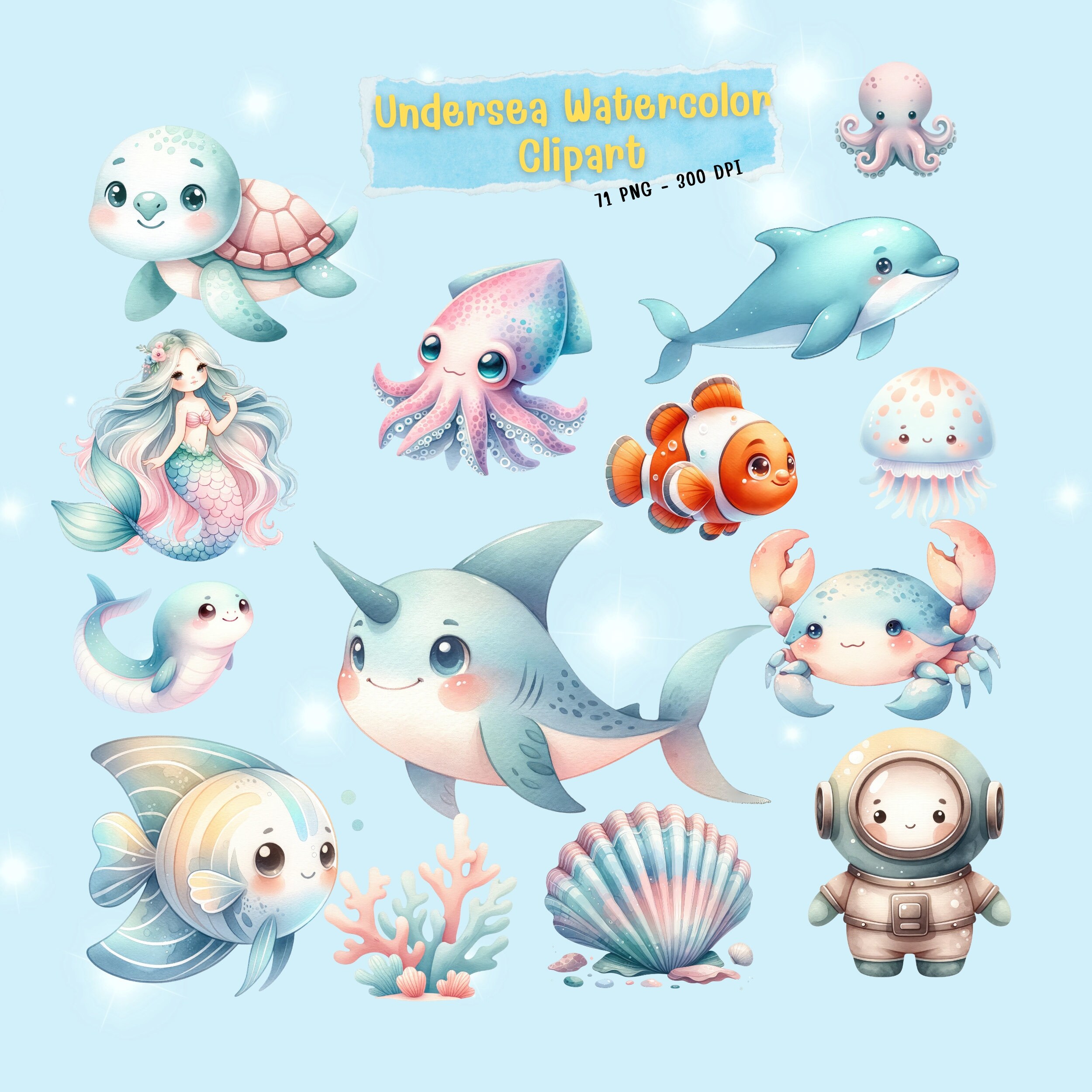 Undersea Watercolor Clipart, Nursery Decor, Cute Ocean Animals PNG ...