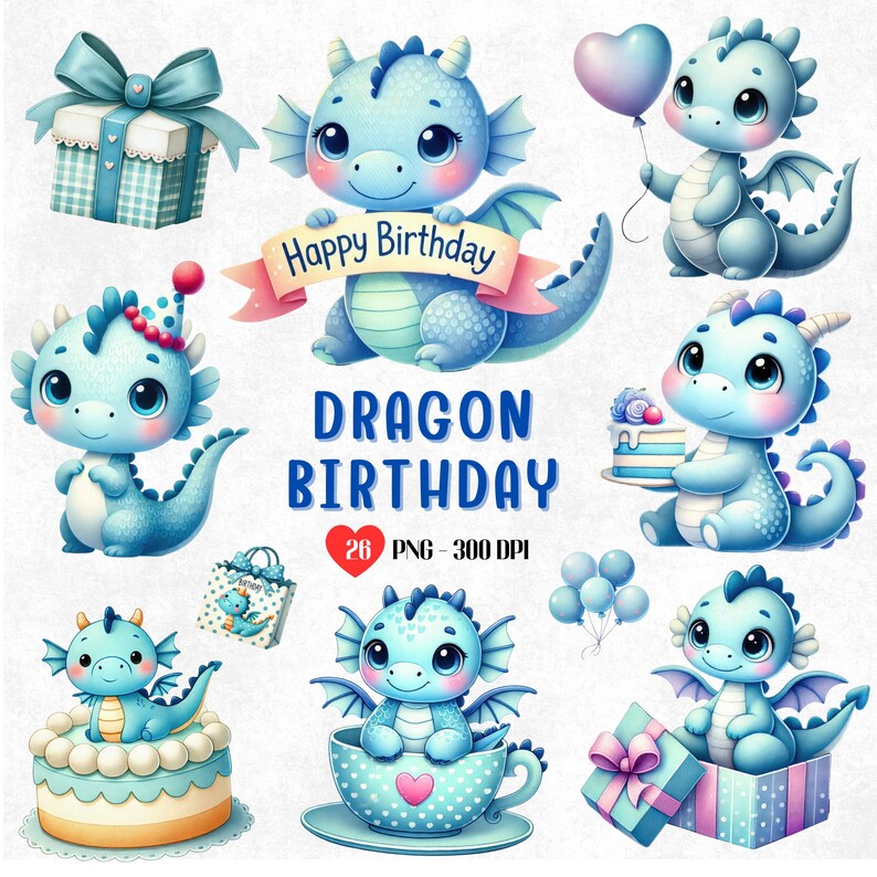 Dragon Birthday Clipart: Watercolor Baby Dragons (digital Download ...