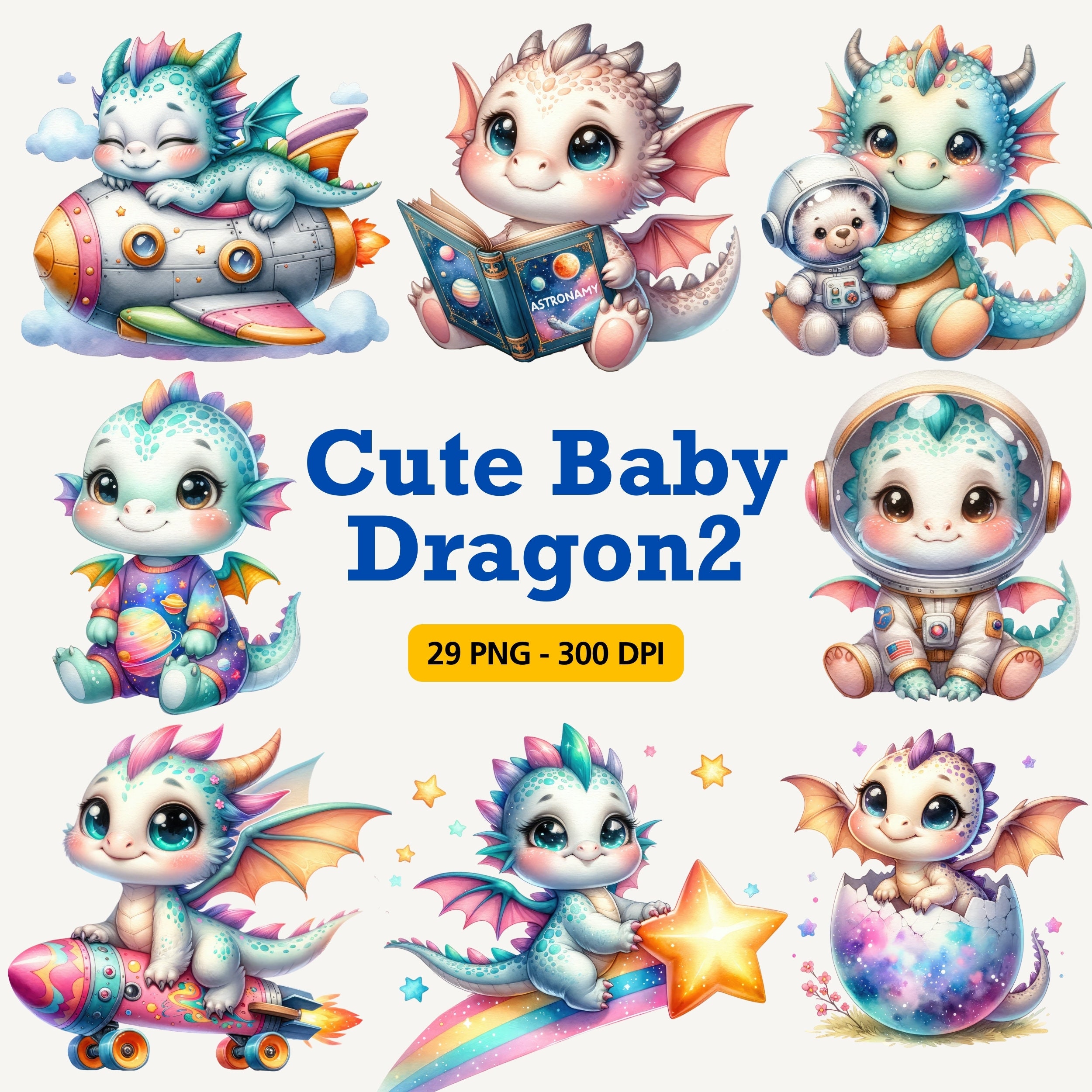 Cute Baby Dragon Clipart Bundle, Space Dragon Clipart, Cute Space ...