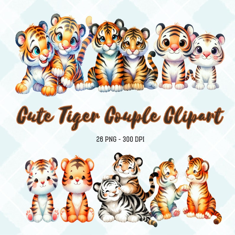 Cute Tiger Couple Clipart, Cute Tiger Watercolor, Tiger Png Bundle ...