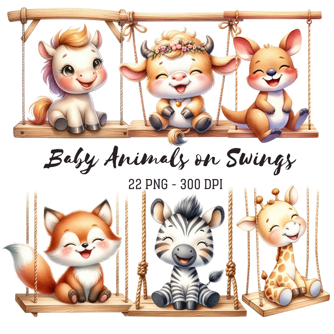 Watercolor Baby Animals on Swings Clipart, Baby Safari Animals Clipart ...