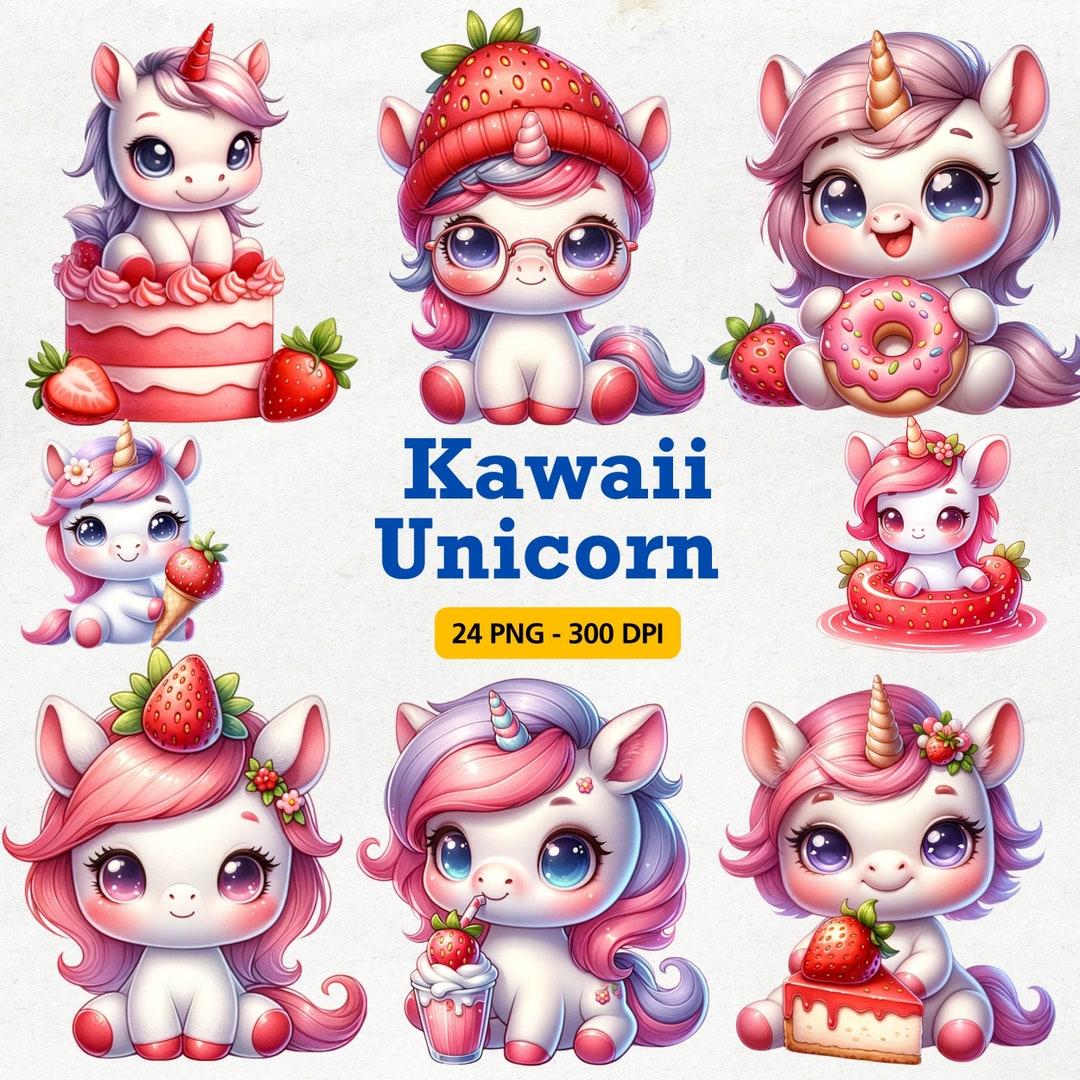 Kawaii Strawberry Unicorn Clipart: 24 PNG Graphics (commercial Use) - Etsy