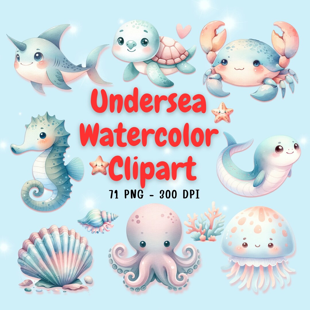Undersea Watercolor Clipart, Nursery Decor, Cute Ocean Animals PNG ...