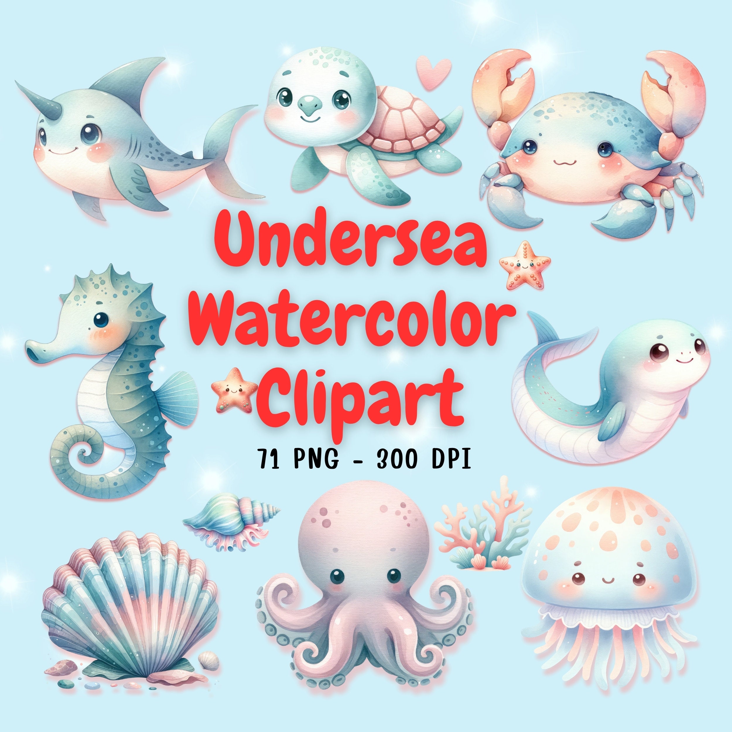 Undersea Watercolor Clipart, Nursery Decor, Cute Ocean Animals PNG ...