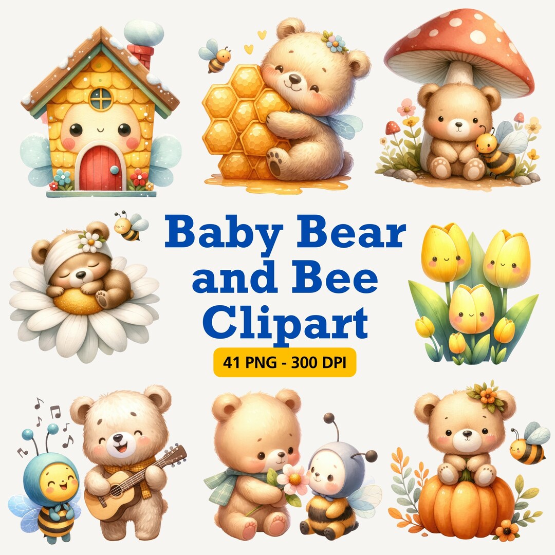 Baby Bear and Bee Clipart, Bee Bear PNG, Honey Bee Clipart, Watercolor ...