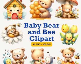 Baby Bear and Bee Clipart, Bee Bear PNG, Baby Bear Clipart, Honey Bee ...