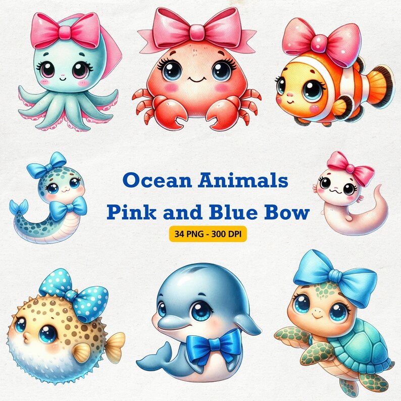 Ocean Animals Pink and Blue Bow, Sea Animals Clipart, Watercolor Ocean ...