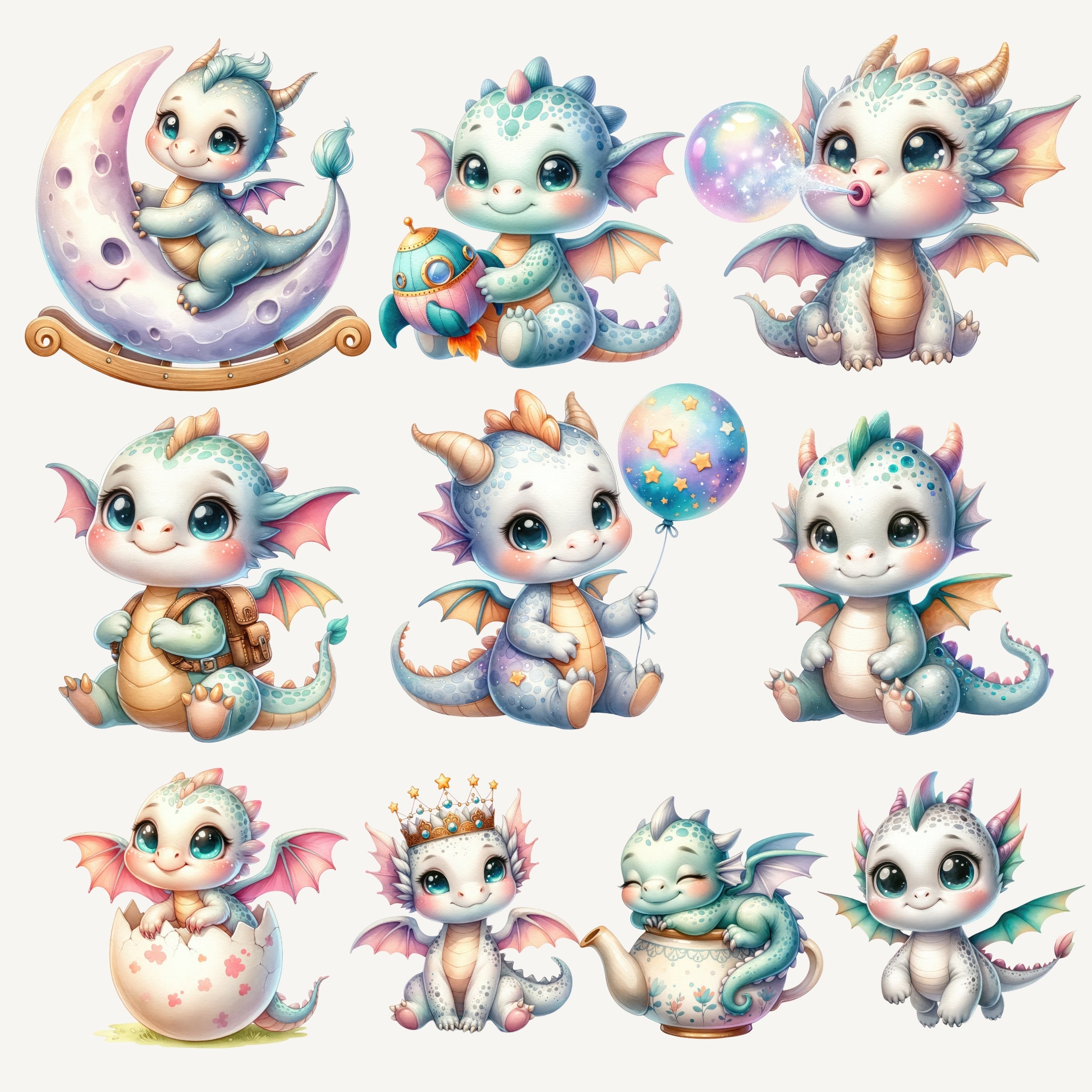 Cute Baby Dragon Clipart Bundle, Space Dragon Clipart, Cute Space ...
