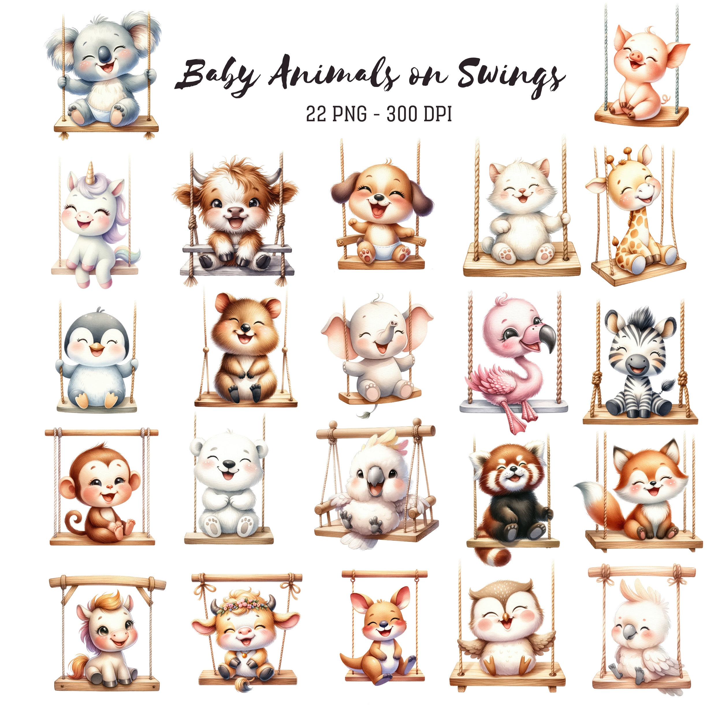Watercolor Baby Animals on Swings Clipart: Safari Nursery Art (PNG ...