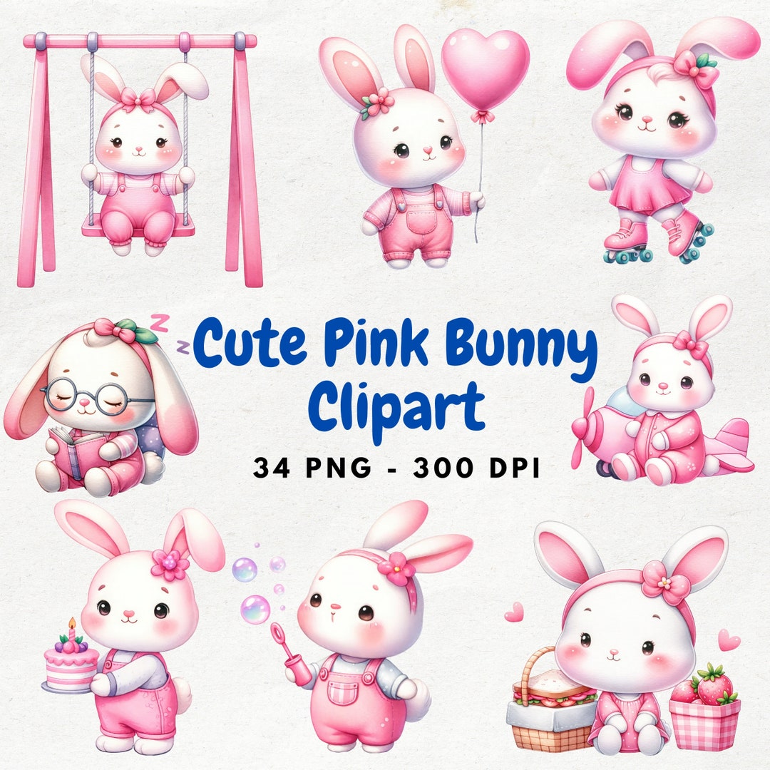 Cute Pink Bunny Clipart for Girl, Watercolor Baby Shower Clipart, Baby ...