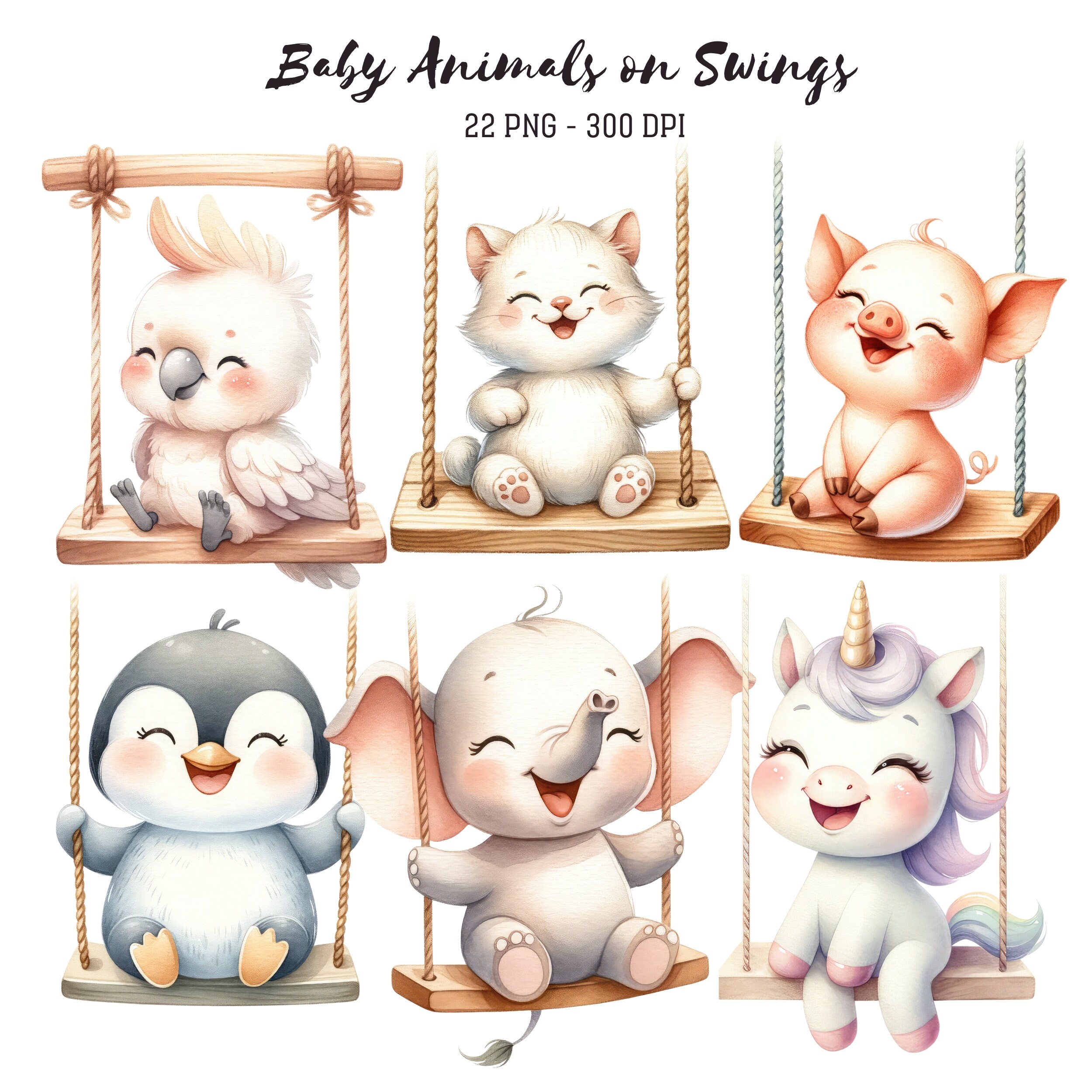 Watercolor Baby Animals on Swings Clipart: Safari Nursery Art (PNG ...