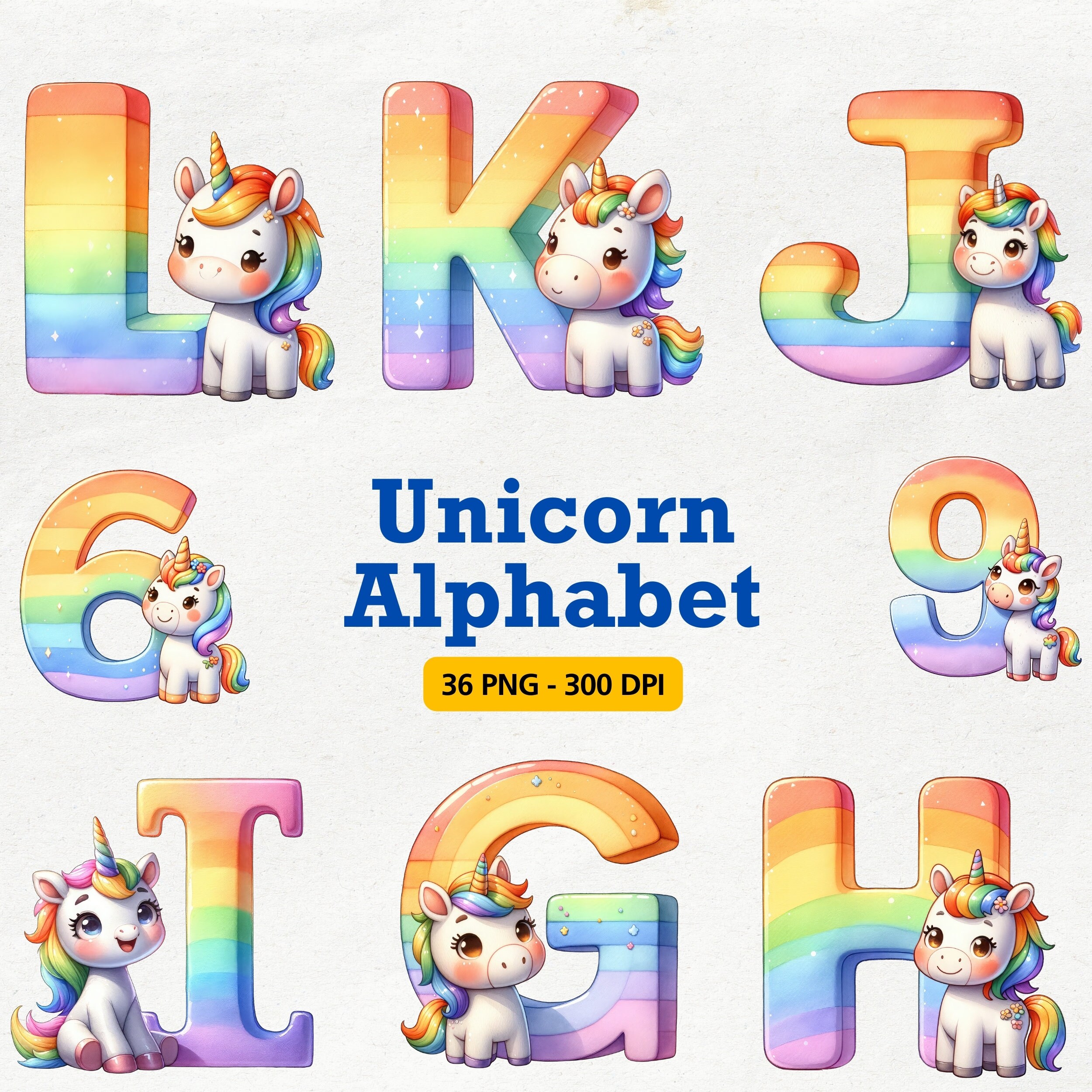 Unicorn Alphabet, Cute Unicorn Font PNG, Watercolor Rainbow Unicorn ...