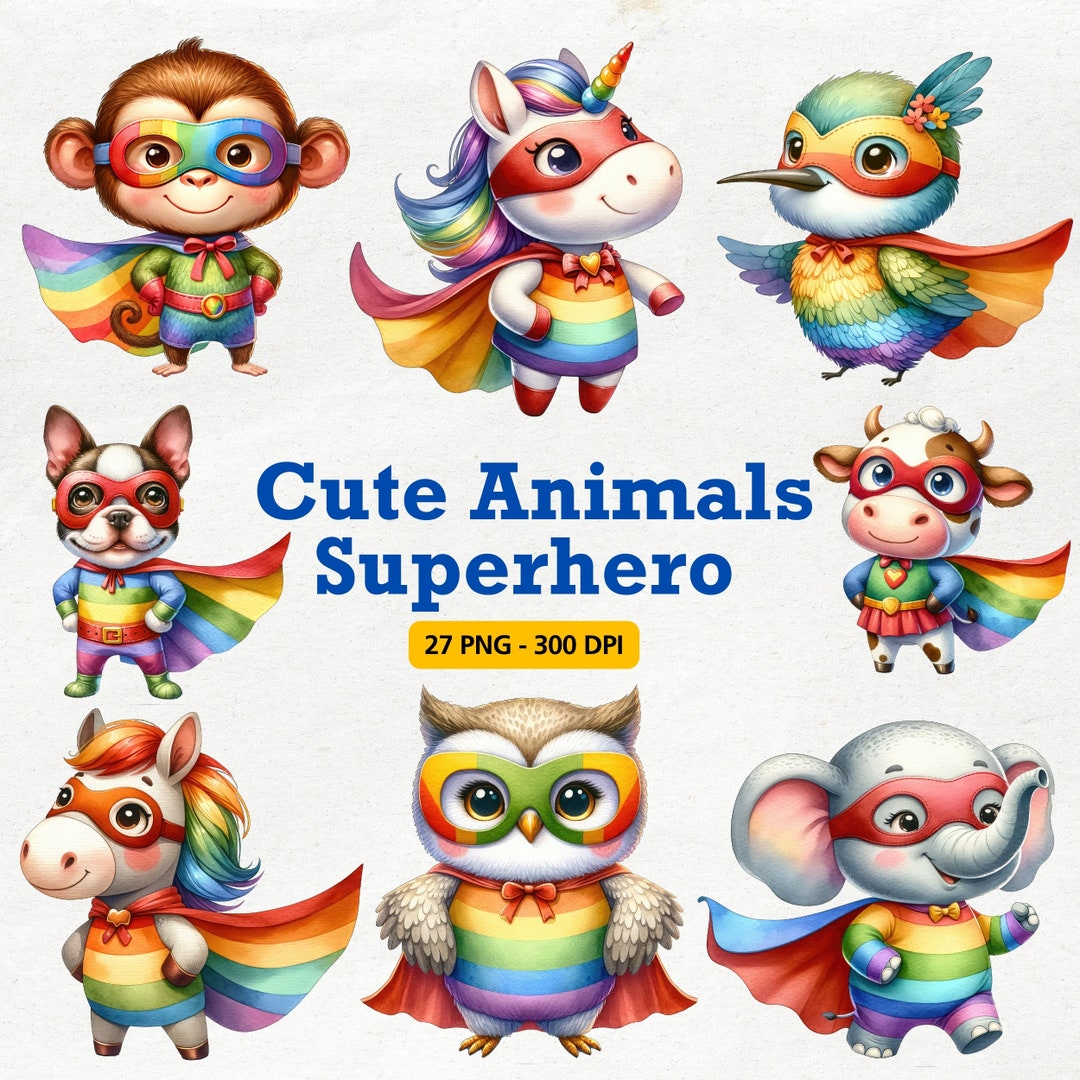 Cute Animals Superhero Clipart, Watercolor Safari Animal Clipart, Cute ...