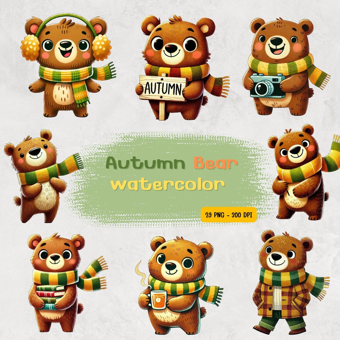 Autumn Bear Clipart, Teddy Bear PNG, Fall Clipart, Cute Baby Bear ...