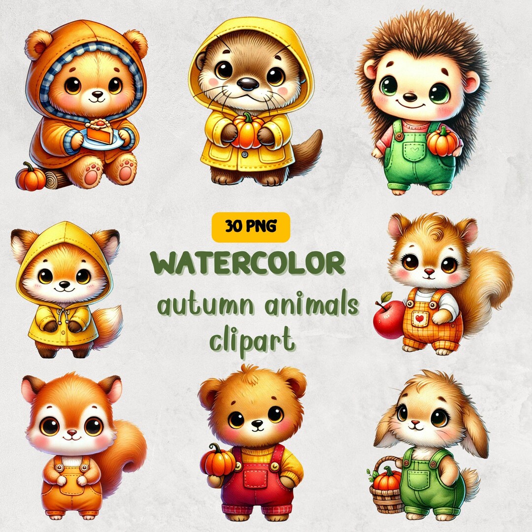 Watercolor Autumn Clipart, Autumn PNG, Cute Woodland Animals, Fall ...