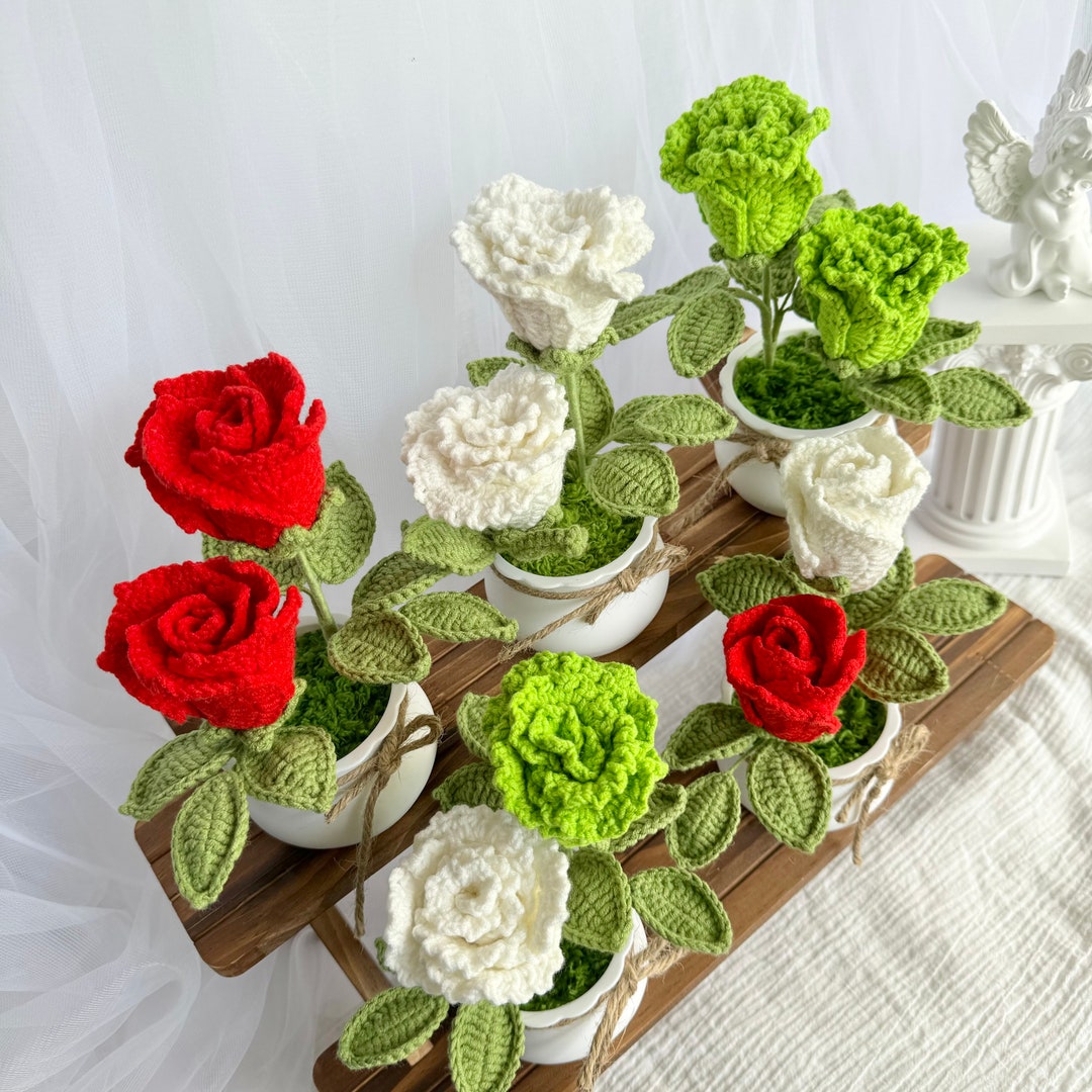 Crochet Roses Flower, Artificial Rose Flower, Handcrafted Roses Pot ...
