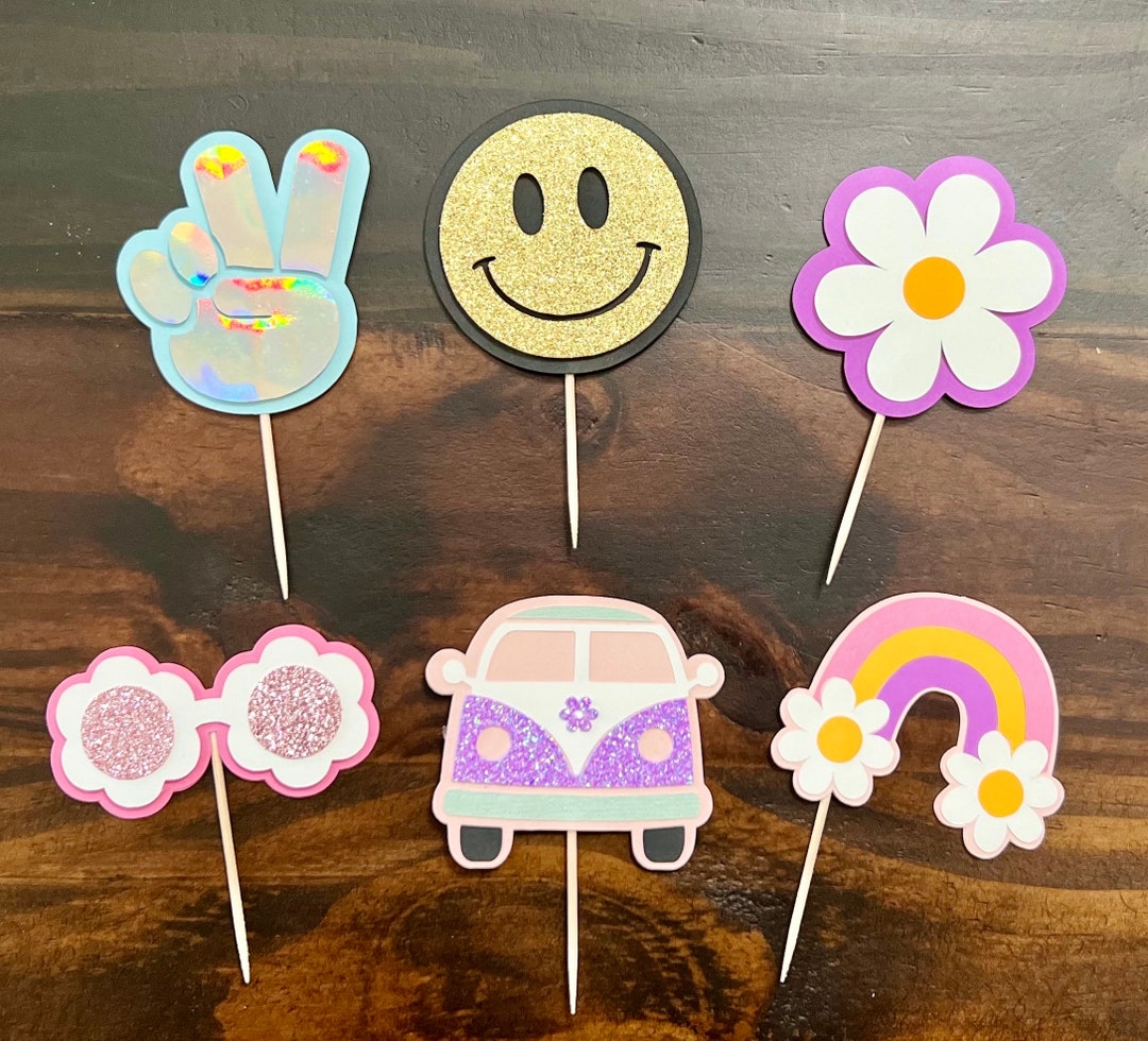 Groovy Cupcake Toppers, Happy Face Cupcake Topper, Groovy Theme, Retro ...
