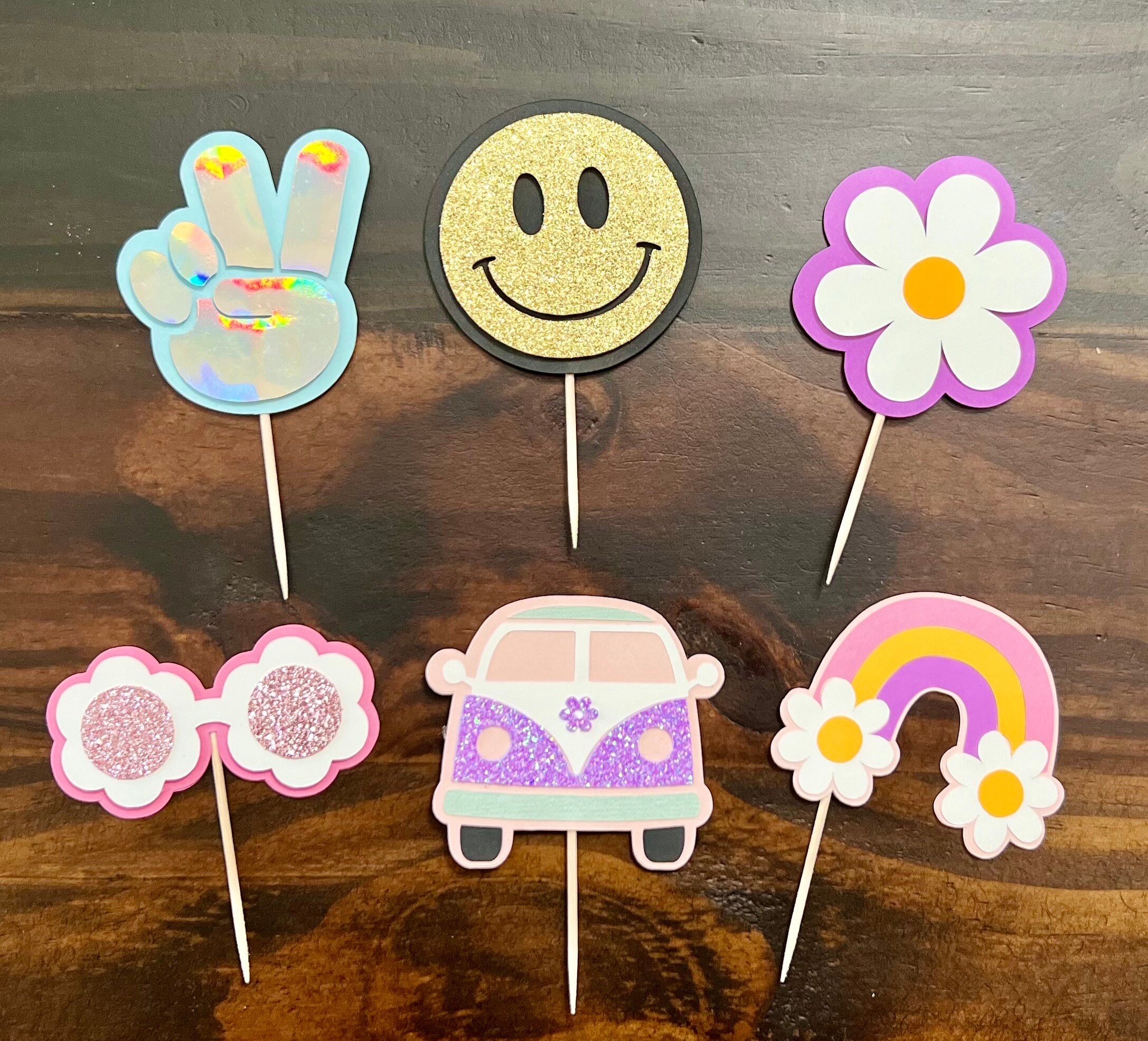 Groovy Cupcake Toppers, Happy Face Cupcake Topper, Groovy Theme, Retro ...
