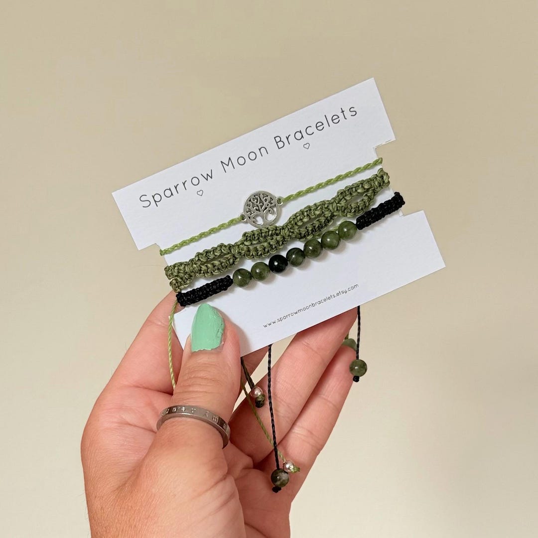 Jade Bracelet Stack • Brazilian Waxed Cord • Black, Olive Green and ...