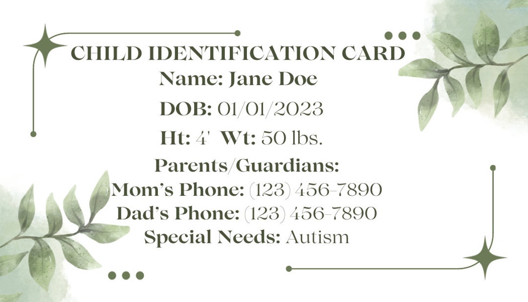 Editable Child Identification Card/ Medical Alert Card/ Emergency ...