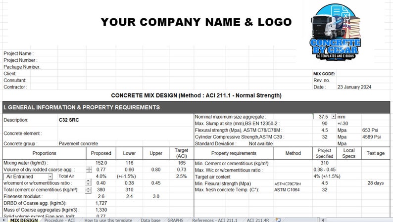 Pavement Concrete Mix Design Template Reference to ACI 325. 14R-17 - Etsy