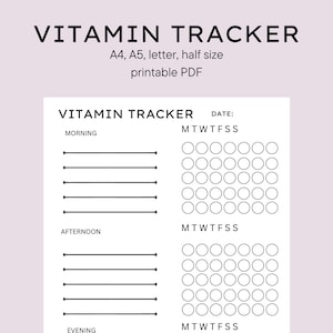 Daily Vitamin Tracker Printable, Vitamin İntake Reminder, Fitness and ...