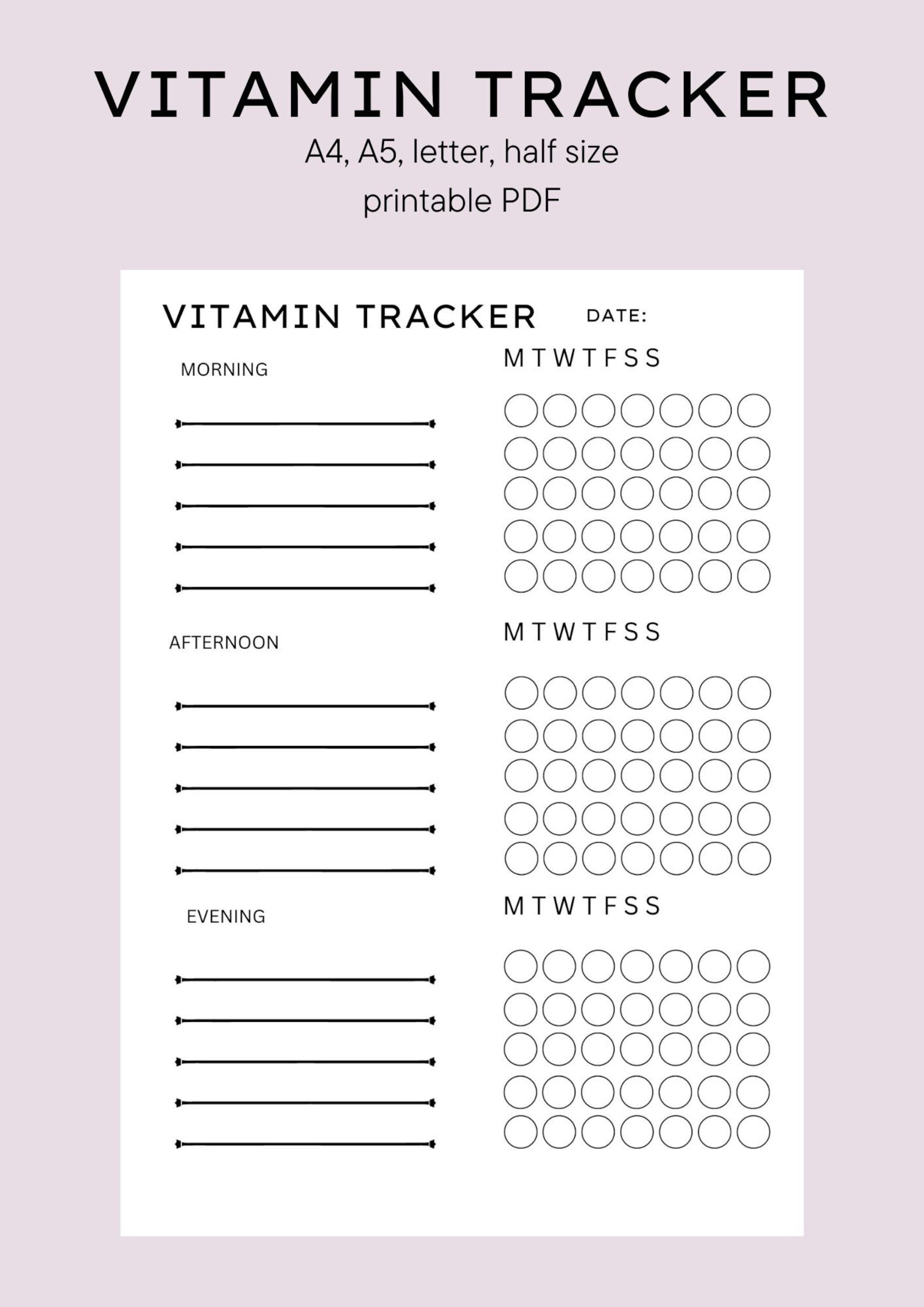 Daily Vitamin Tracker Printable, Vitamin İntake Reminder, Fitness and ...