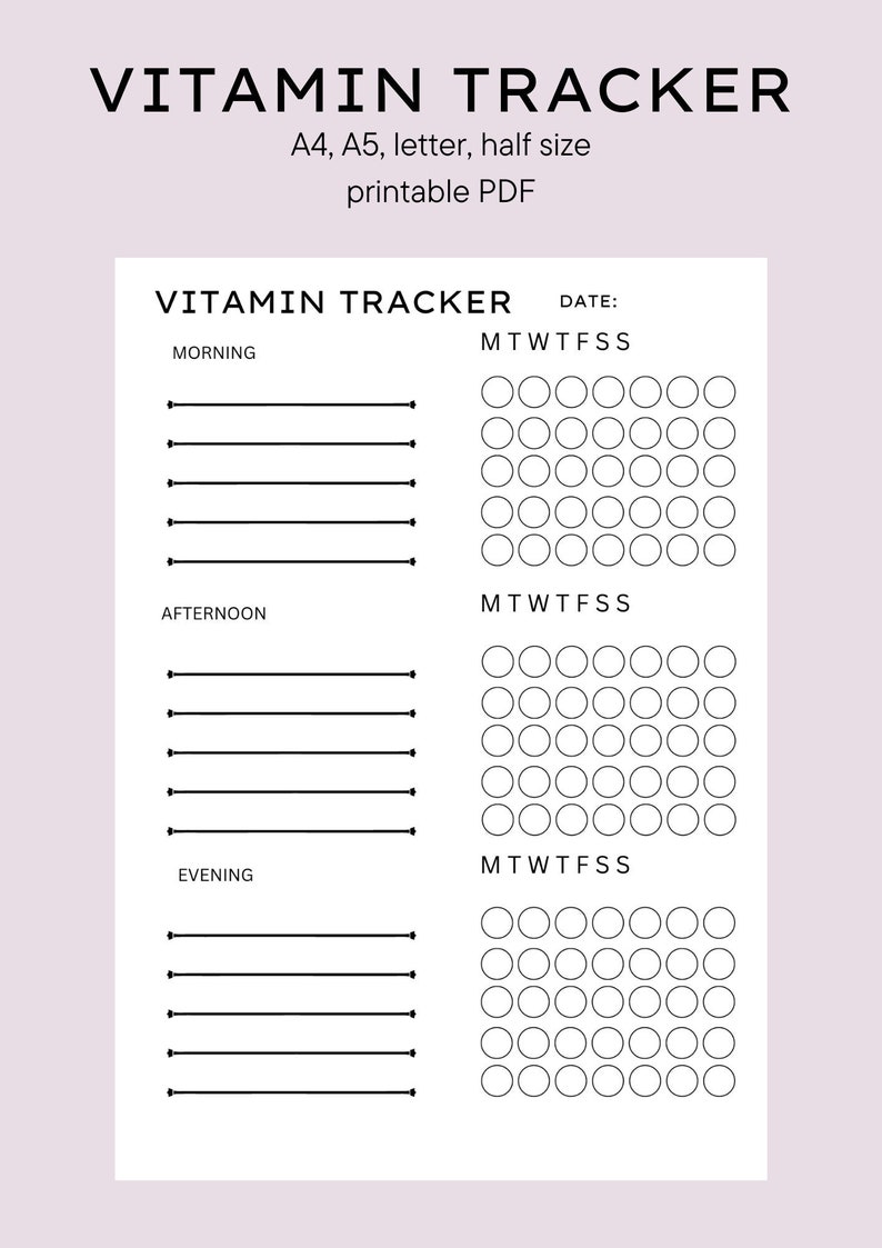 Daily Vitamin Tracker Printable, Vitamin İntake Reminder, Fitness and ...