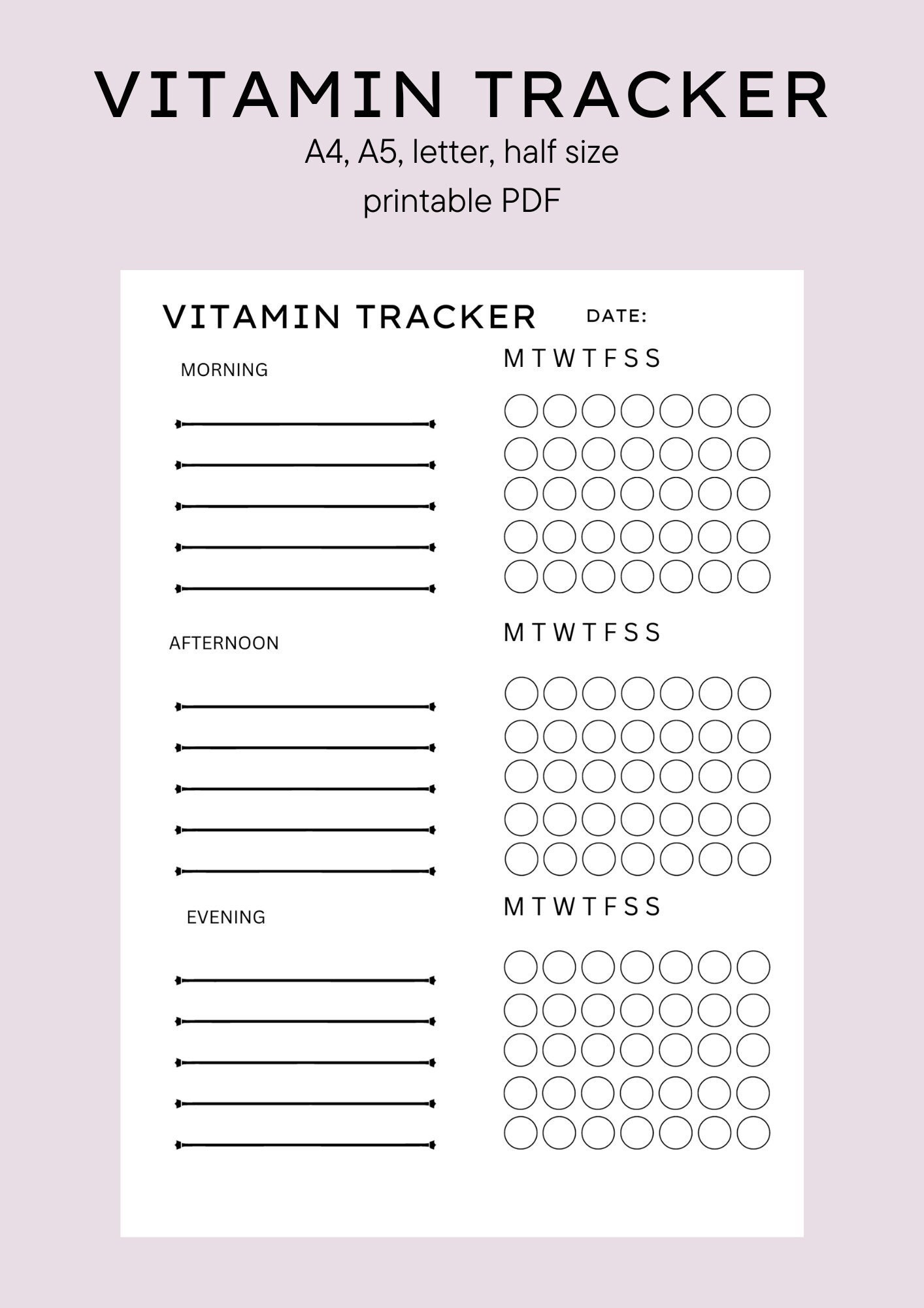 Daily Vitamin Tracker Printable, Vitamin İntake Reminder, Fitness and ...