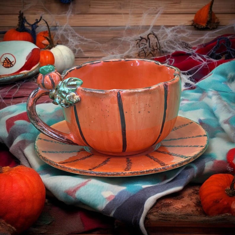 Vintage-inspired Pumpkin Cup and Saucer Set | Fall Decor & Tableware - Etsy