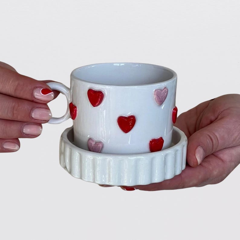 Cute Pink Red Heart Mug Adorable Ceramic Cup for Lovebirds and Heart ...
