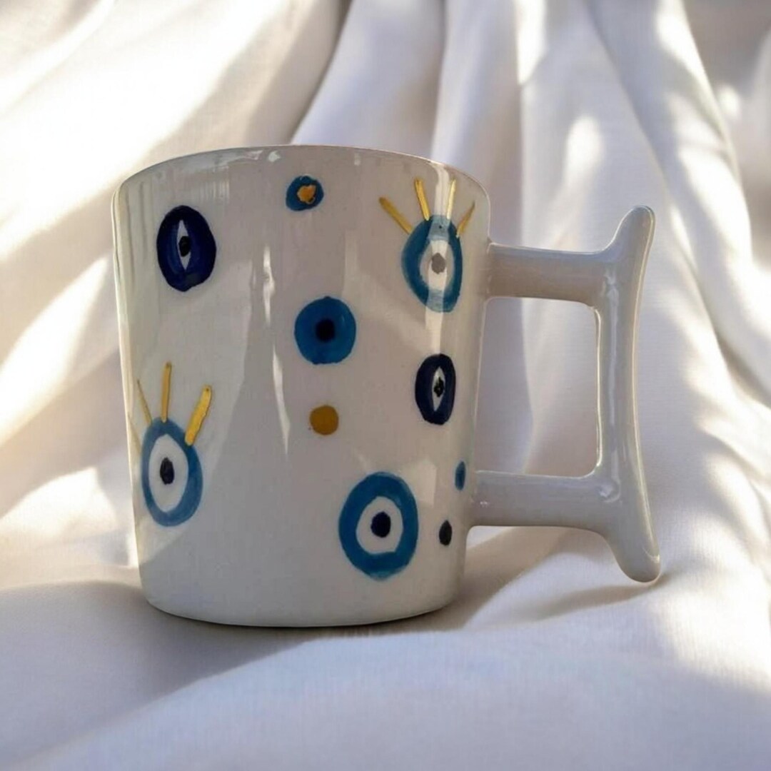 Gold Detailed Mug With Evil Eye Beads | Unique Ceramic Coffee Cup ...
