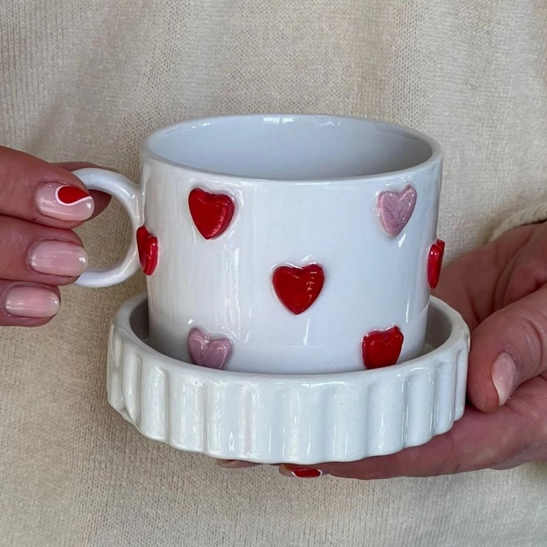 Cute Pink Red Heart Mug Adorable Ceramic Cup for Lovebirds and Heart ...