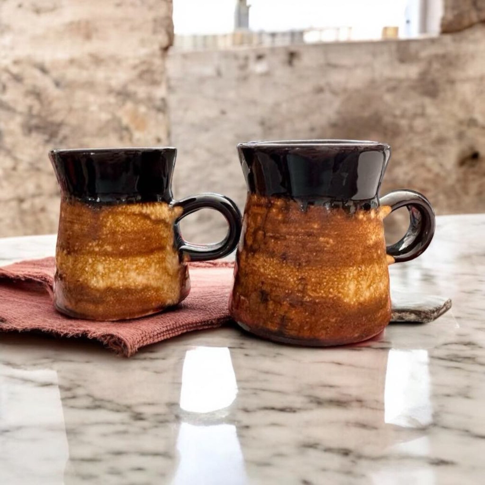 Set of 2 Vintage Lava Drip Pottery Coffee Mugs - Brown and Orange Retro ...