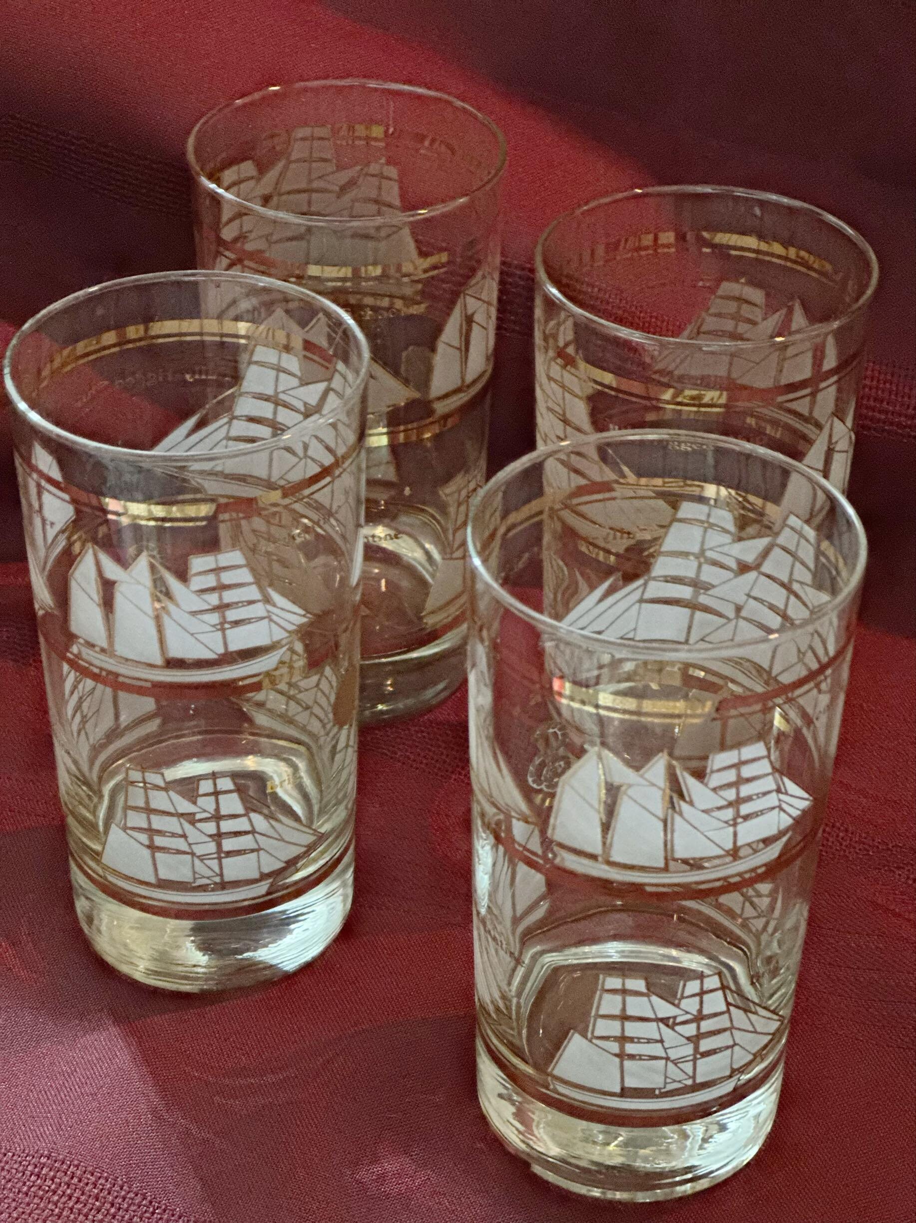 Gold Ship Patterns Nautical Drinkware, Retro Barware Set of 4 Tall ...