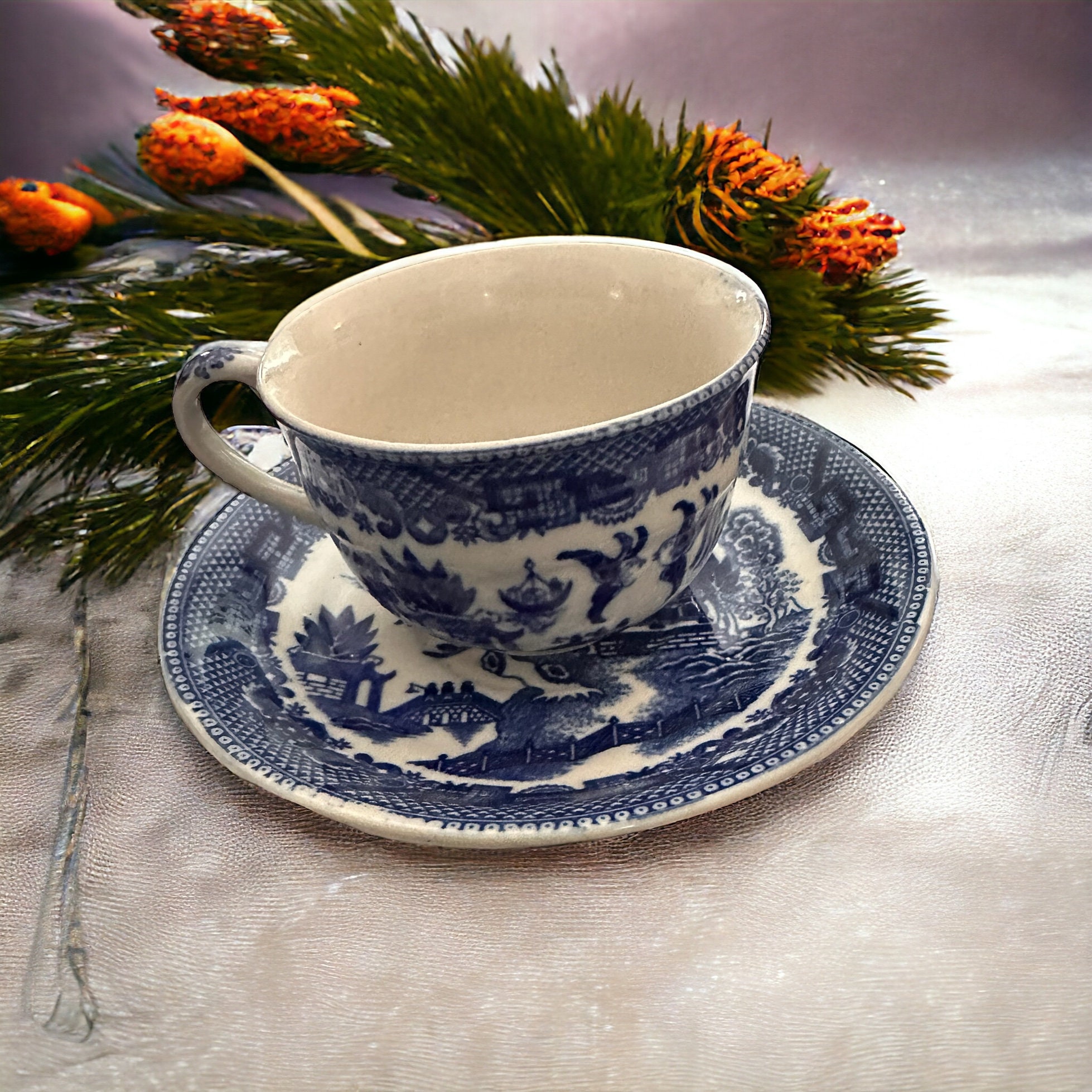 Vintage Blue Willow Pattern Tea Cup and Saucer Classic Blue and White ...