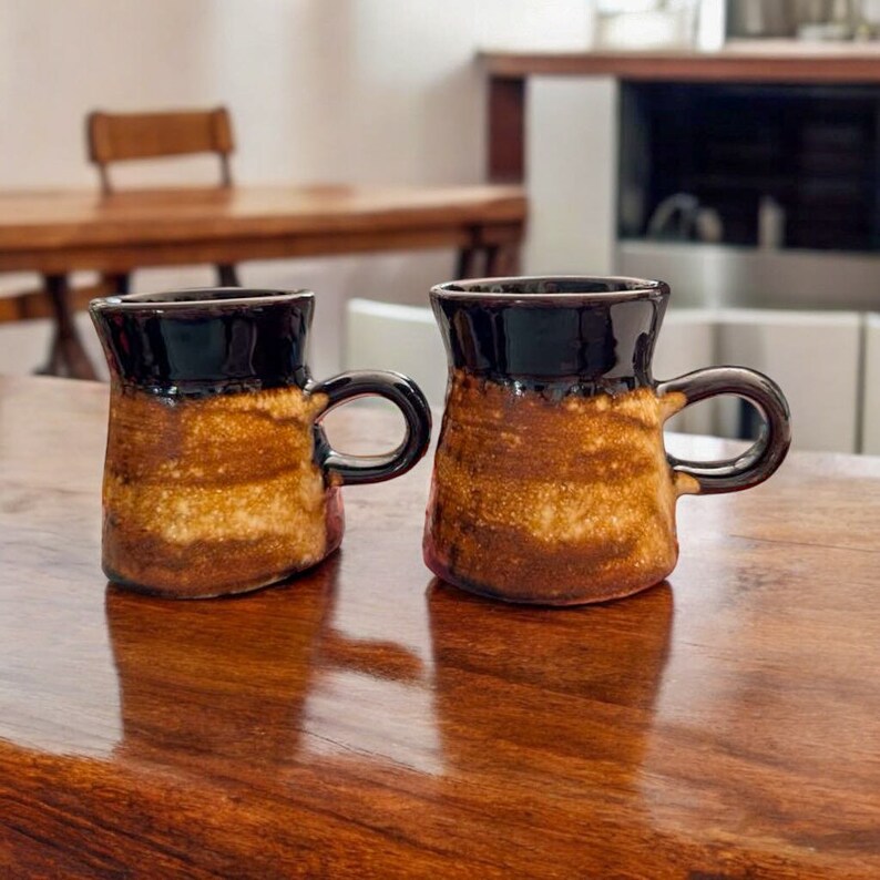 Set of 2 Vintage Lava Drip Pottery Coffee Mugs Brown and Orange Retro ...